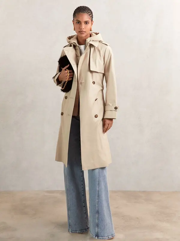 REISS Hooded Insert Trench Coat - Stone