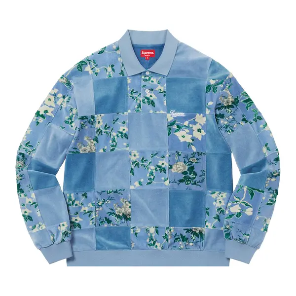 Supreme Floral Patchwork Velour Long-Sleeve Polo - Blue | Editorialist