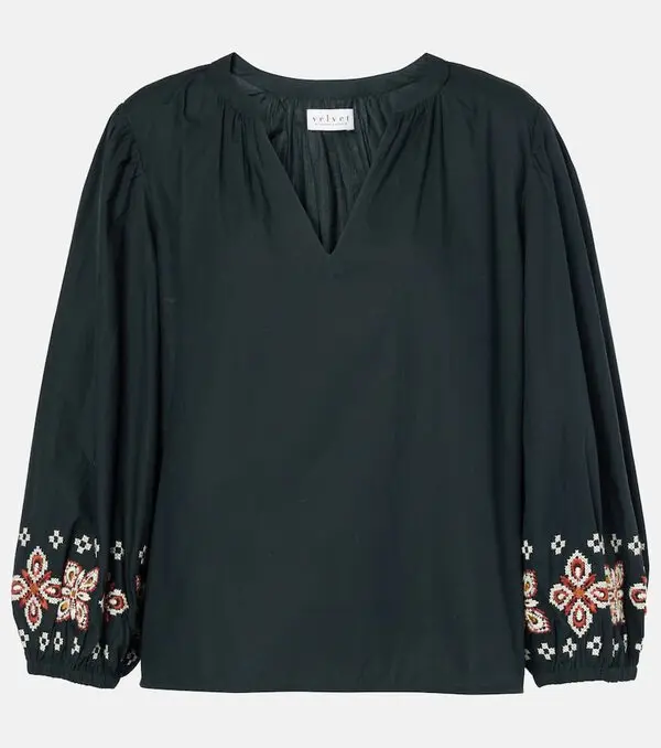 Velvet By Graham & Spencer Paola Embroidered Cotton Blouse - Black