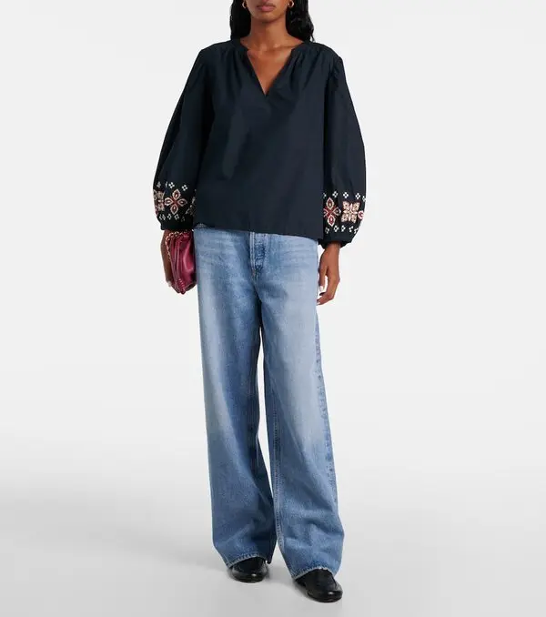 Velvet By Graham & Spencer Paola Embroidered Cotton Blouse - Black