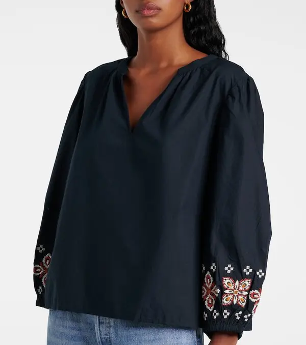 Velvet By Graham & Spencer Paola Embroidered Cotton Blouse - Black