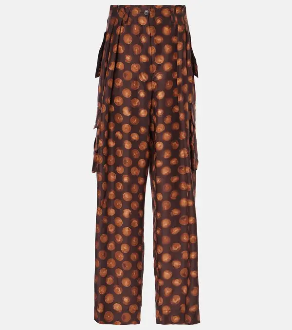 Dries Van Noten Printed Silk Cargo Trousers - Brown
