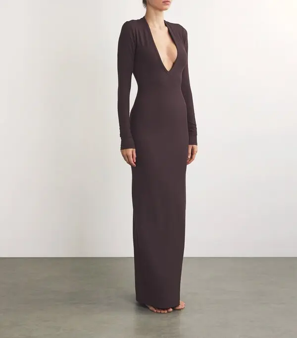 Skims Soft Lounge V-Neck Long Slip Dress In Brown - 33% Off | Editorialist