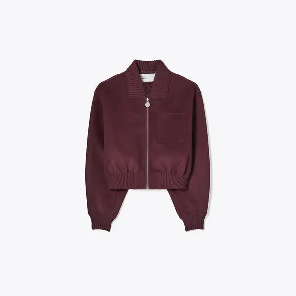 Tory Burch Reversible Wool Bomber Jacket - Burgundy T-monogram Jqd