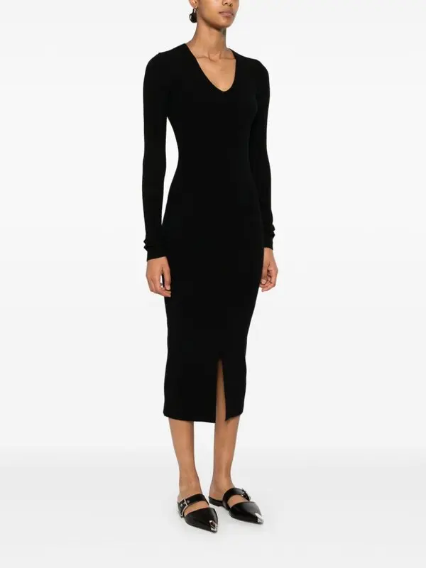 calvin klein black v neck dress Calvin Klein Lace-Up V-Neck Zipper Sleeve Dress Black Gold Detailing S main image 0