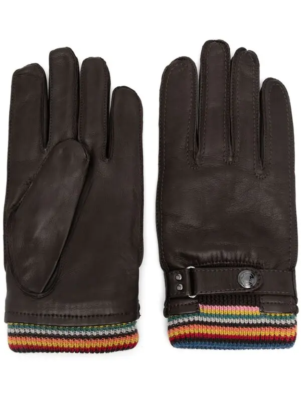 Paul Smith Grained Leather Gloves With Striped Cuffs - Brown