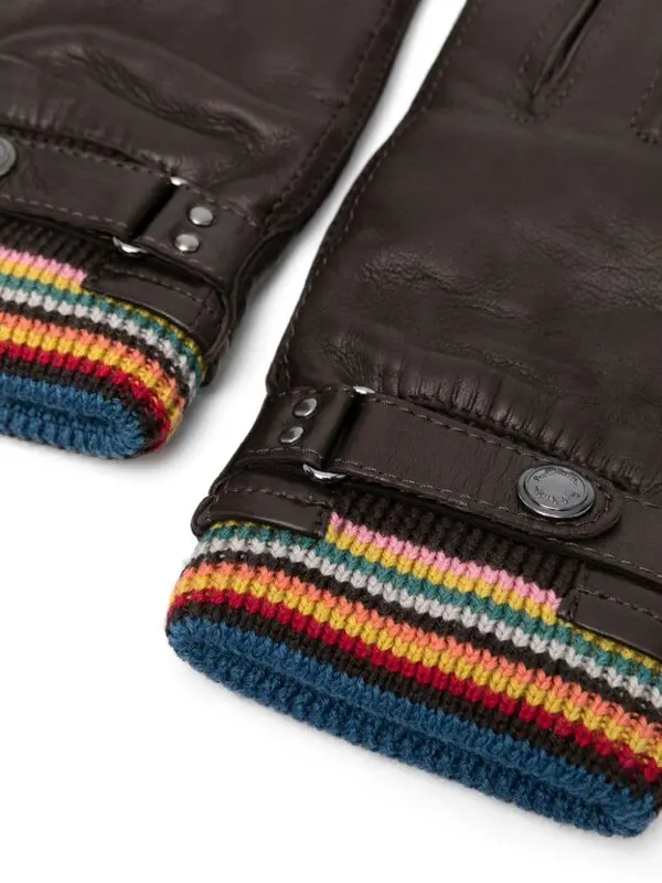 Paul Smith Grained Leather Gloves With Striped Cuffs - Brown