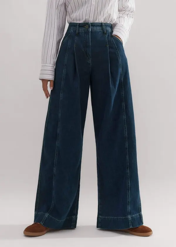 ME+EM Soft Denim Pleated Pant - Mid Wash