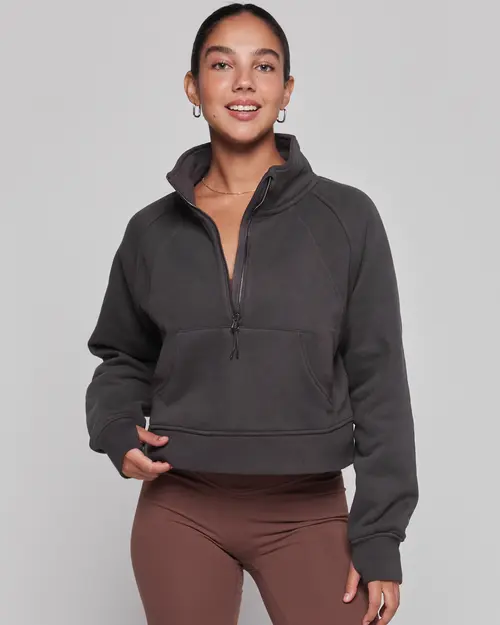 REBODY Fleece Crop Half Zip Sweatshirt - Phantom Grey