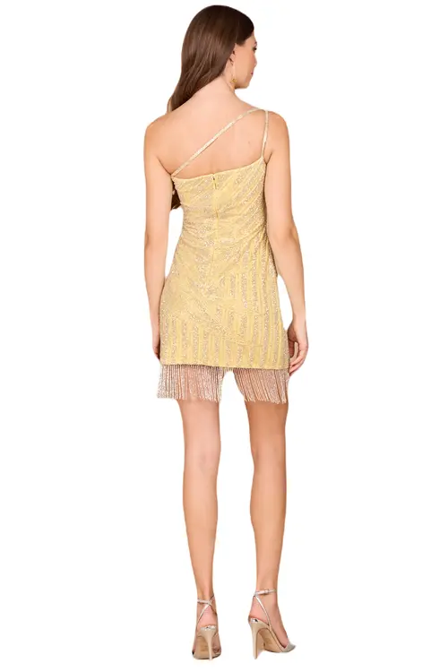 LARA NEW YORK One-shoulder Beaded Fringe Mini Dress - Lemon