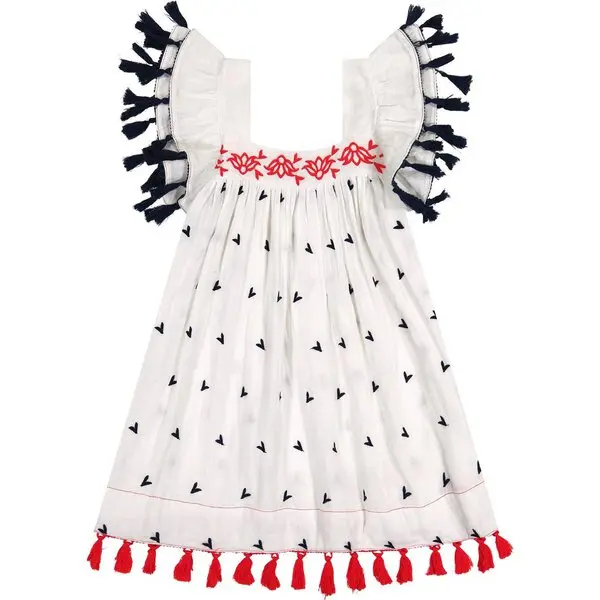 MER ST. BARTH Serena Tassel Dress - Red White Navy Embroidery
