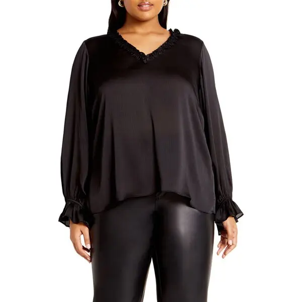 City Chic Maia Ruffle Fluted Sleeve Satin Top - Black