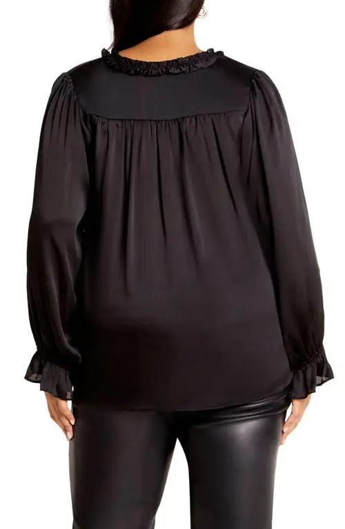 City Chic Maia Ruffle Fluted Sleeve Satin Top - Black