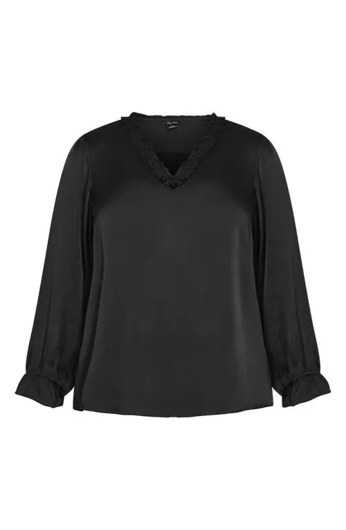 City Chic Maia Ruffle Fluted Sleeve Satin Top - Black
