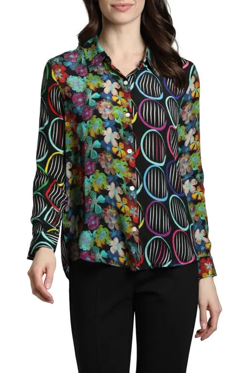 APNY Abstract Print Roll Tab Sleeve Chiffon Button-up Shirt - Black Multi