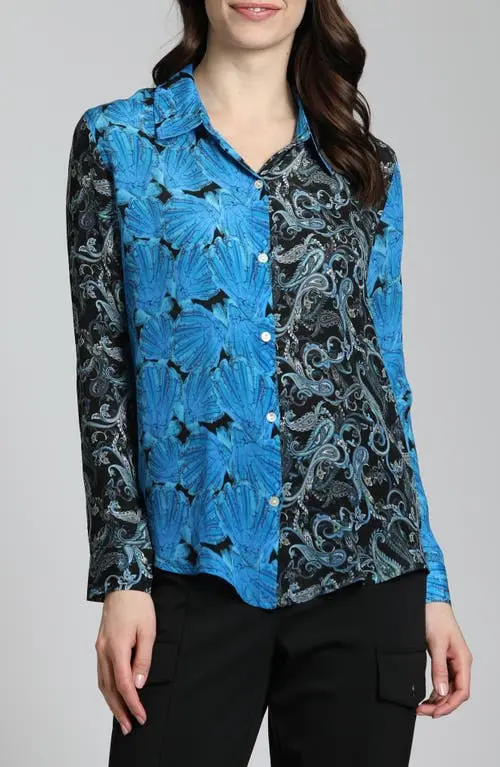 APNY Abstract Print Roll Tab Sleeve Chiffon Button-up Shirt - Black/blue Multi