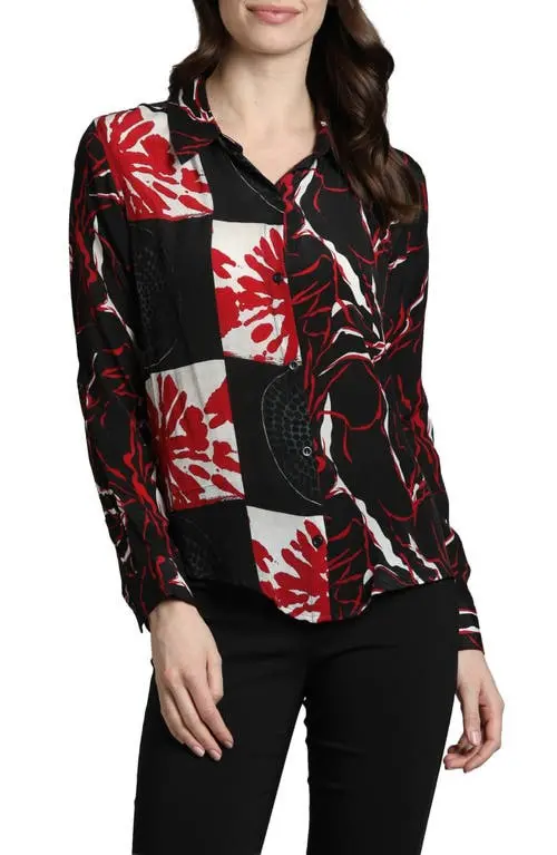 APNY Abstract Print Roll Tab Sleeve Chiffon Button-up Shirt - Black/red Multi