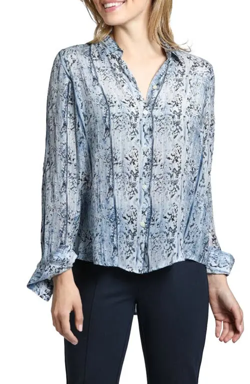 APNY Abstract Print Roll Tab Sleeve Chiffon Button-up Shirt - Blue Multi
