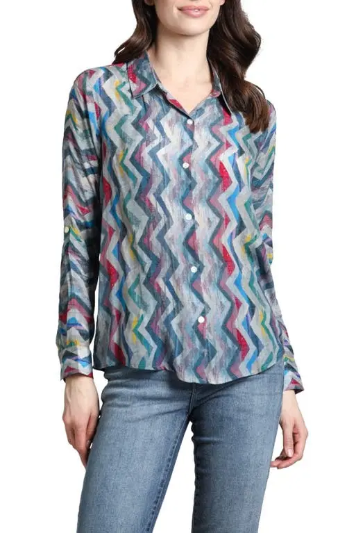 APNY Abstract Print Roll Tab Sleeve Chiffon Button-up Shirt - Blue/grey Multi