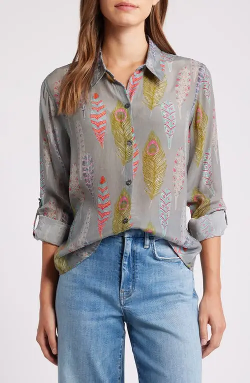 APNY Abstract Print Roll Tab Sleeve Chiffon Button-up Shirt - Grey Multi
