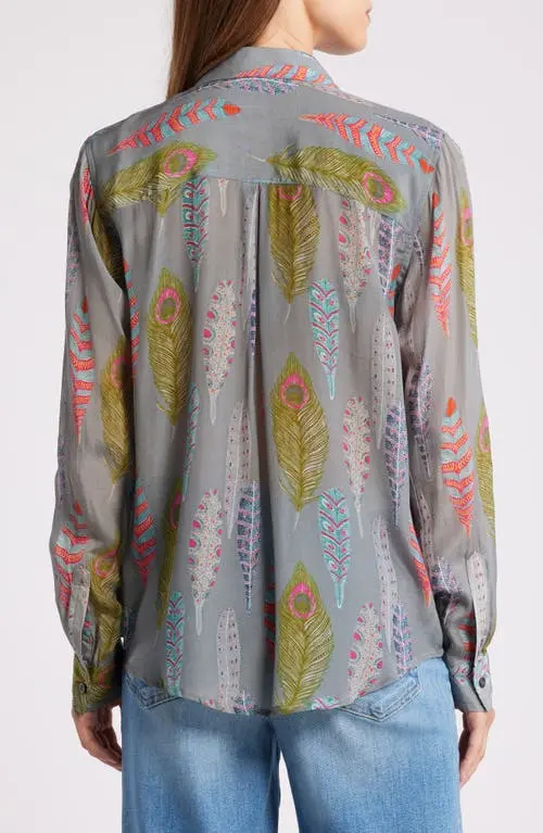 APNY Abstract Print Roll Tab Sleeve Chiffon Button-up Shirt