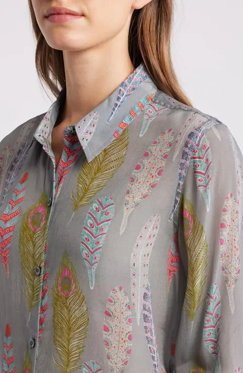 APNY Abstract Print Roll Tab Sleeve Chiffon Button-up Shirt