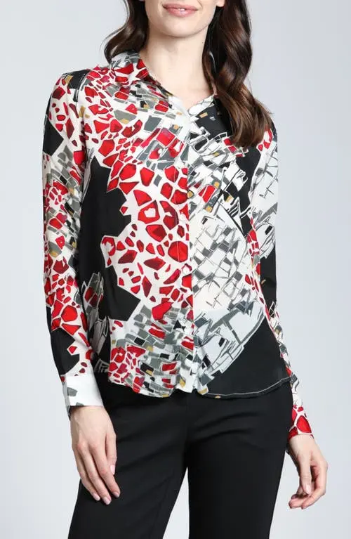 APNY Abstract Print Roll Tab Sleeve Chiffon Button-up Shirt - White Multi