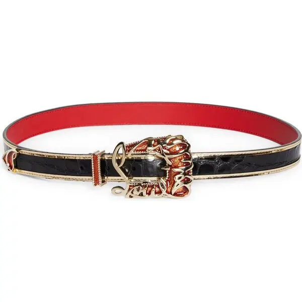 CHRISTIAN LOUBOUTIN Giddy Croc-embossed Belt - Black/gold/elvis