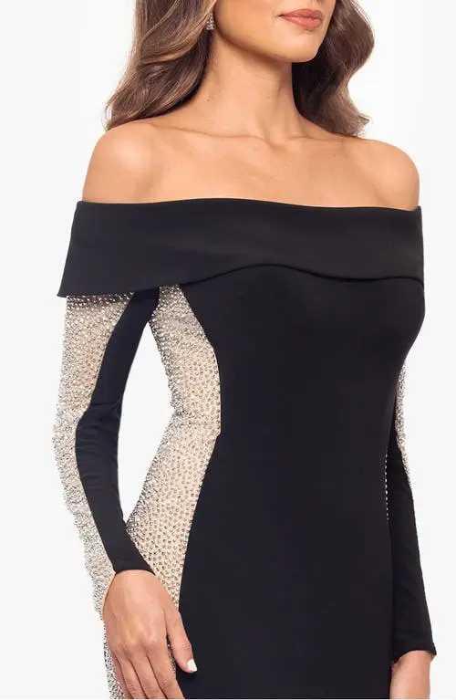 Xscape Evenings Beaded Long Sleeve Off The Shoulder Jersey Gown -  Black/Beige/Silver | Editorialist
