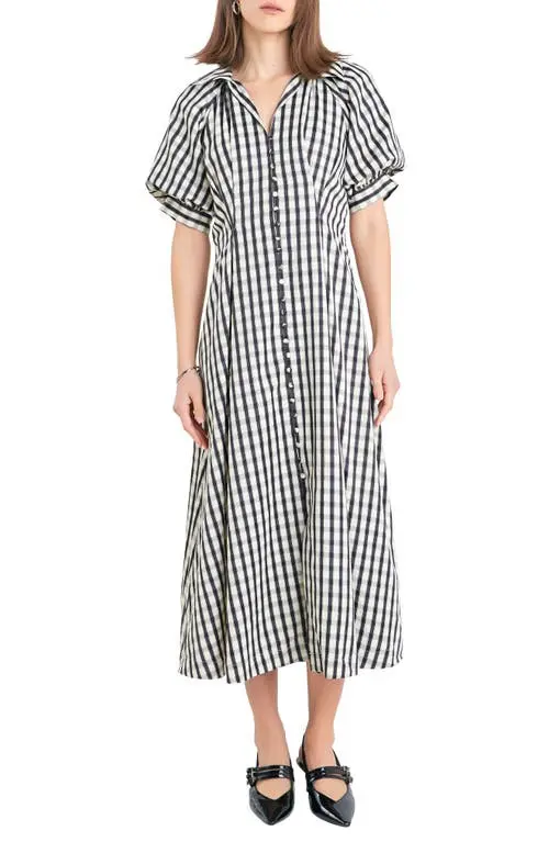 English Factory Gingham Puff Sleeve Midi Shirtdress - Black Multi