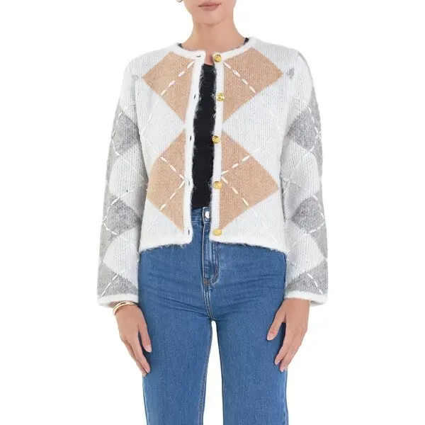 English Factory Argyle Knit Cardigan - White