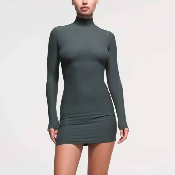 Skims Ribbed Modal Turtleneck Mini Dress - Deep Sea | Editorialist