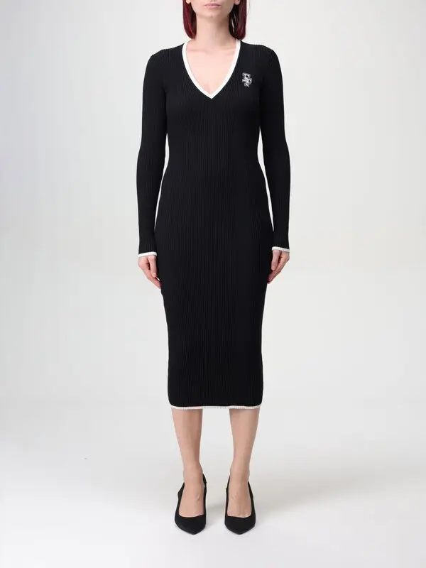 Elisabetta Franchi Ribbed V-neck Midi Dress With Logo Detail