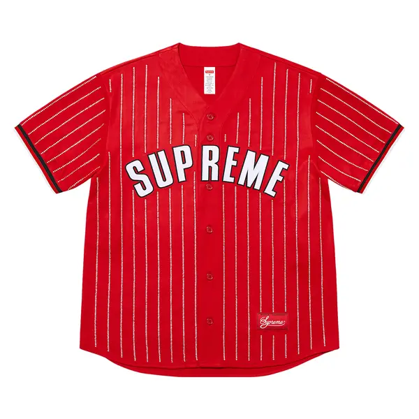Supreme Rhinestone Stripe Baseball Jersey - Red