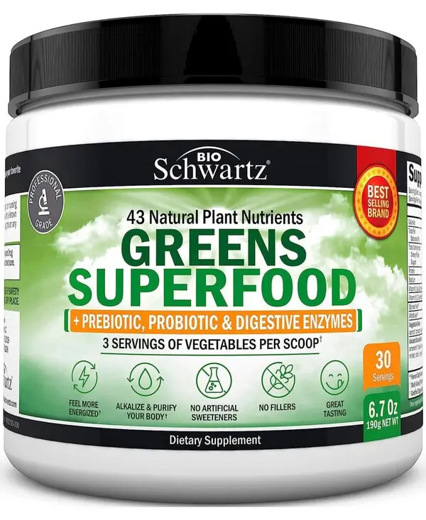 BIOSCHWARTZ Super Greens Superfood Powder Greens Powder With Probiotics Prebiotics Digestive Enzymes And 43 Superfoods - Green