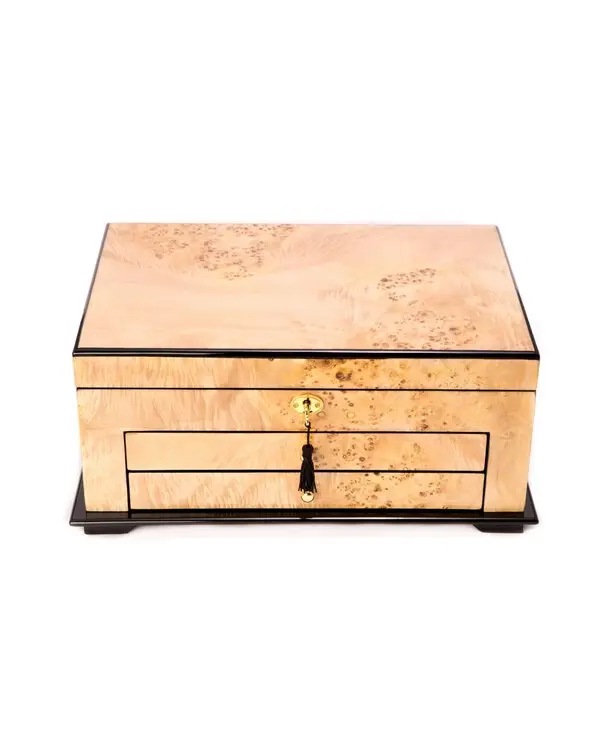 BEY-BERK Birdseye Maple 3 Level Jewelry Box With Gold Tone Accents And Locking Lid