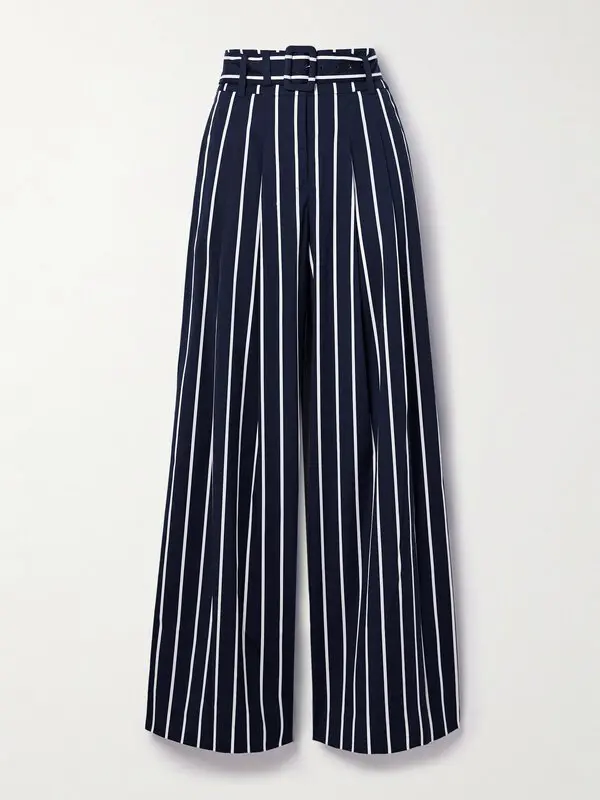 Veronica Beard Maliyah Belted Striped Cotton-blend Wide-leg Trousers