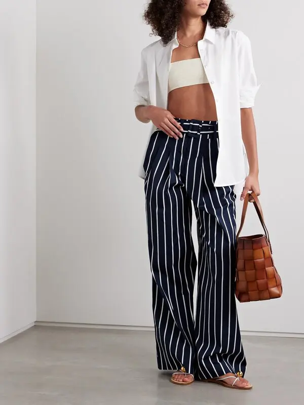 Veronica Beard Maliyah Belted Striped Cotton-blend Wide-leg Trousers
