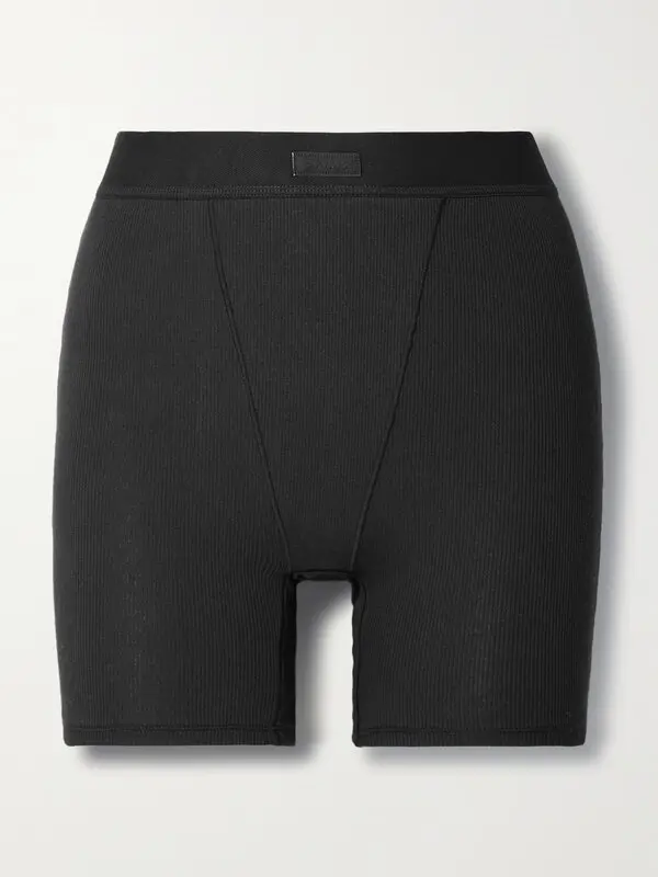 SKIMS Cotton Collection Ribbed Cotton-blend Jersey Boxer Shorts - Black