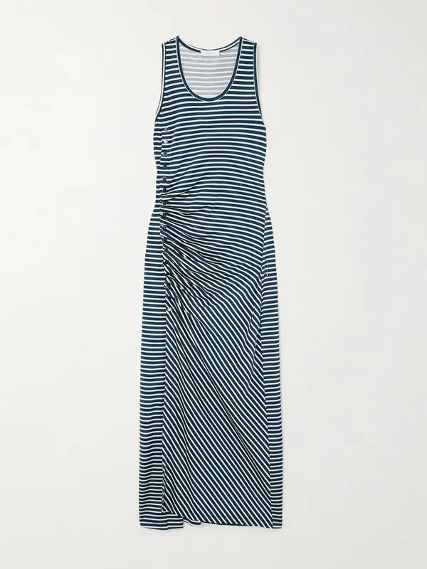 Rabanne Asymmetric Gathered Striped Stretch-jersey Midi Dress - Blue