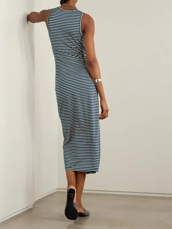 Rabanne Asymmetric Gathered Striped Stretch-jersey Midi Dress