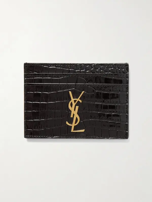 Saint Laurent Embellished Croc-effect Leather Cardholder - Black