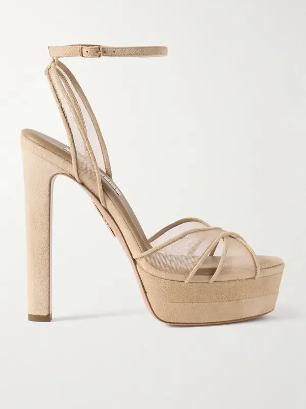 AQUAZZURA Divine Plateau 130 Suede And Tulle Platform Sandals - Neutrals