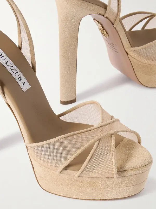 AQUAZZURA Divine Plateau 130 Suede And Tulle Platform Sandals - Neutrals