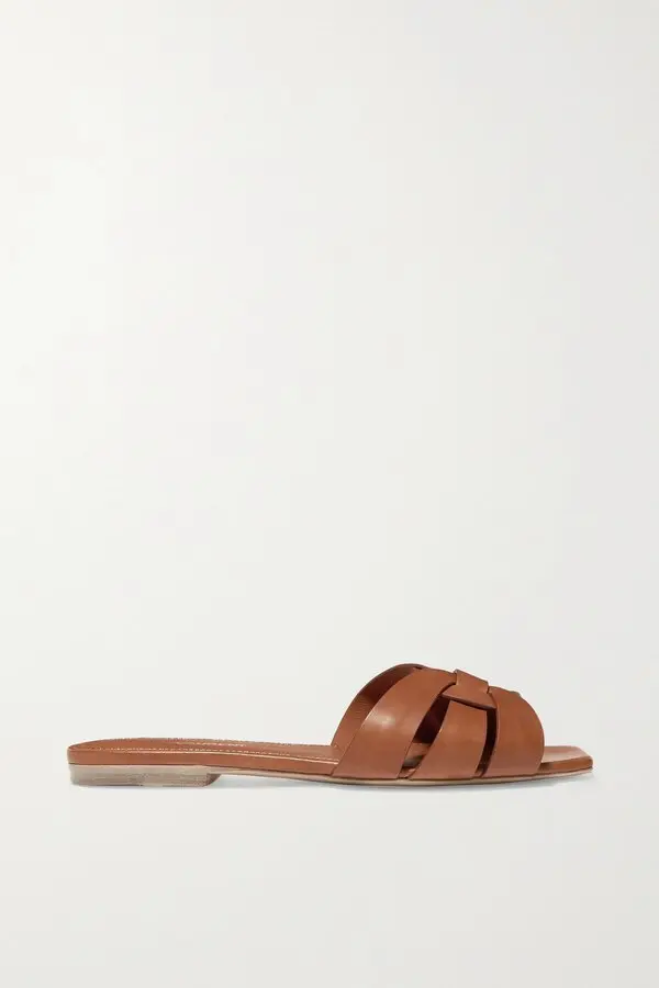 Saint Laurent Tribute Woven Leather Slides - Brown