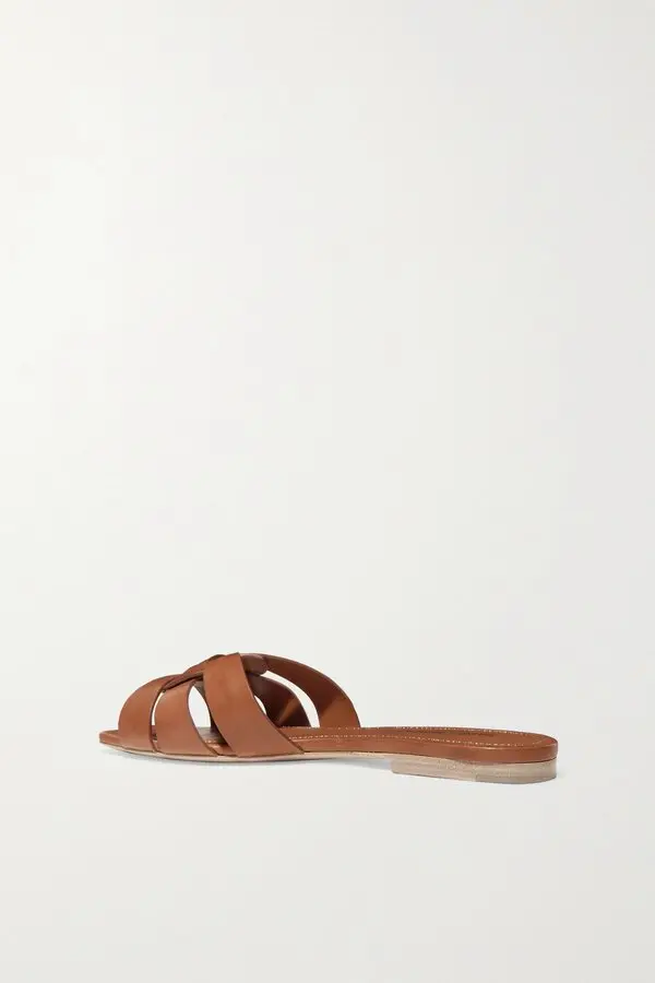 Saint Laurent Tribute Woven Leather Slides - Brown