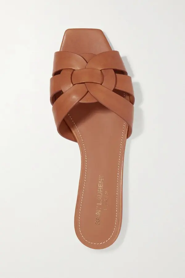 Saint Laurent Tribute Woven Leather Slides - Brown