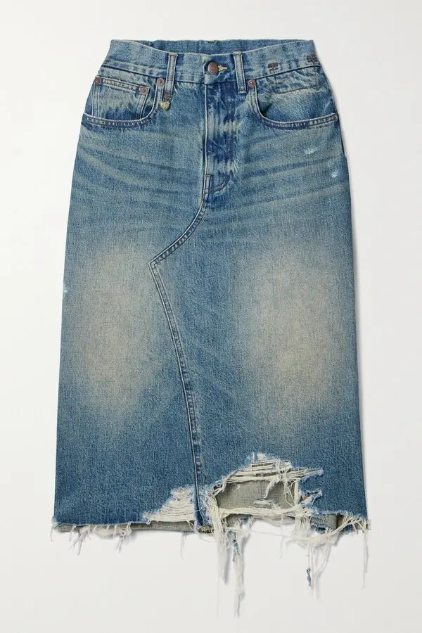 R13 Jesse Distressed Denim Midi Skirt - Blue