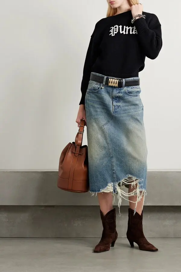 R13 Jesse Distressed Denim Midi Skirt
