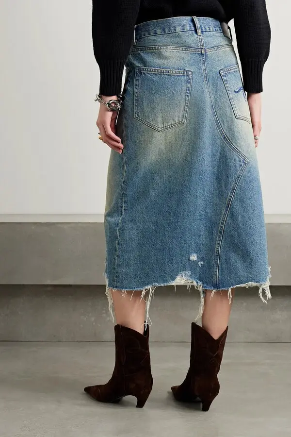 R13 Jesse Distressed Denim Midi Skirt
